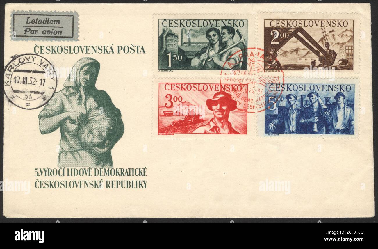 Envelope, stamps and stamp of a letter sent from Czechoslovakia. An old ...