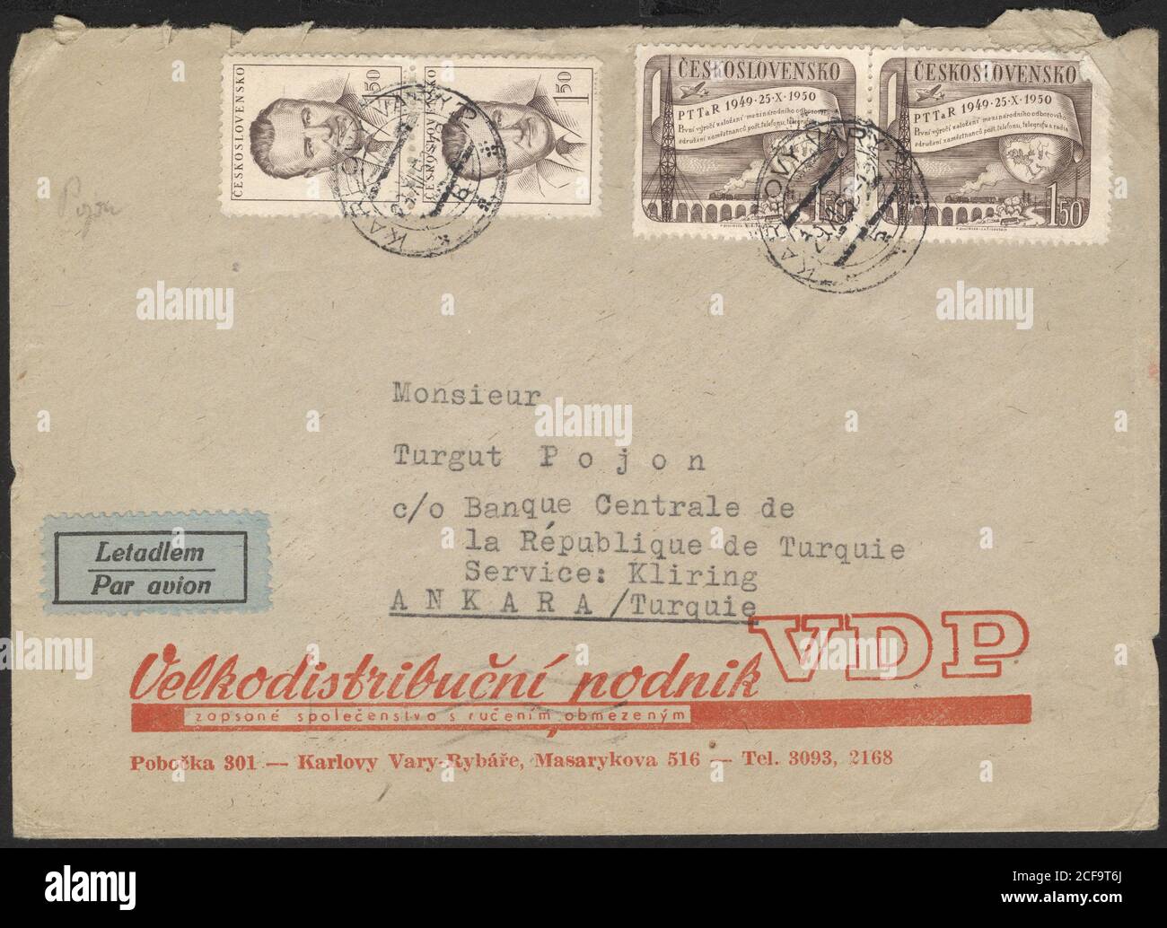 Envelope, stamps and stamp of a letter sent from Czechoslovakia. An old ...
