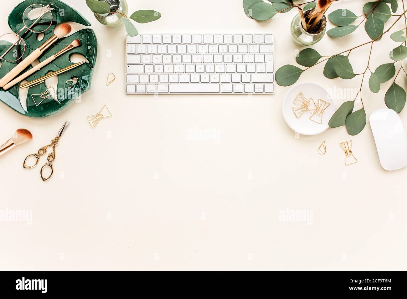 Flat lay home office desk. Female workspace with computer, plate sheet ...