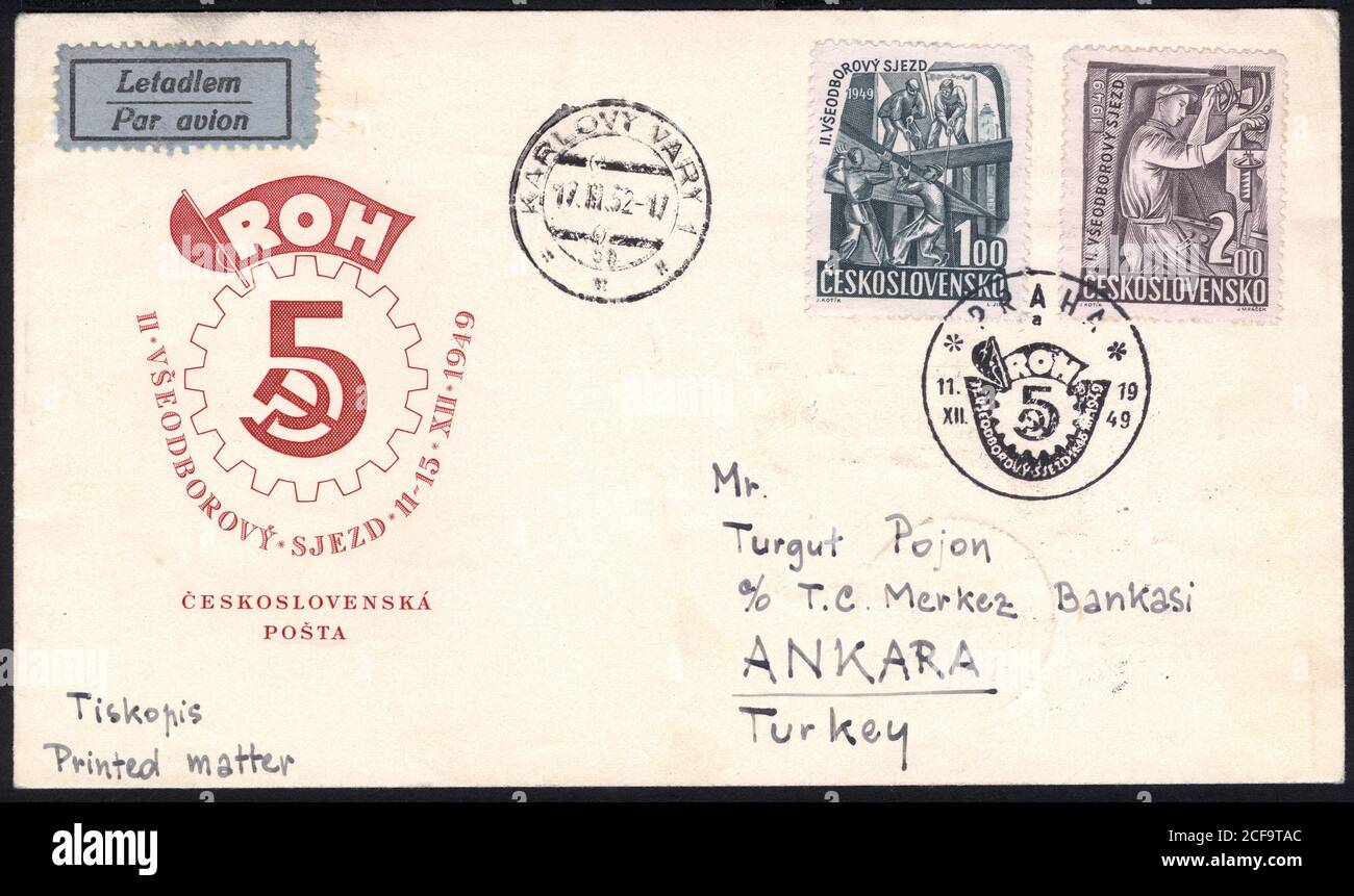 Envelope, stamps and stamp of a letter sent from Czechoslovakia. An old ...