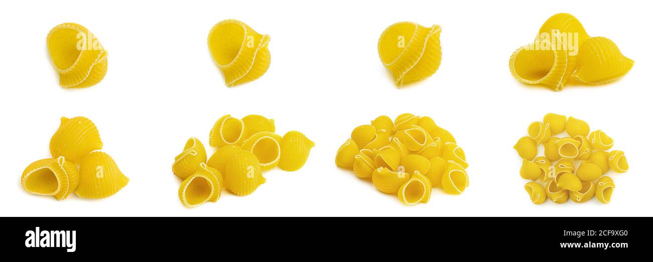 Raw pasta lumaconi rigati, macro isolated on white background Stock ...