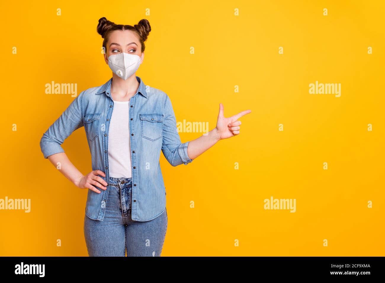 Portrait of her she attractive healthy girl wearing safety respirator ...