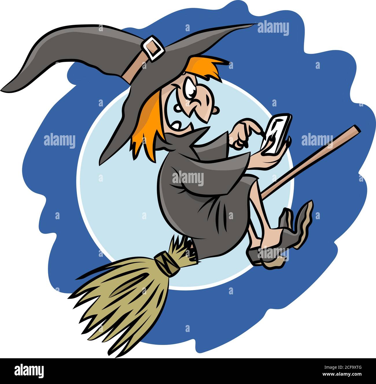 Cartoon witch using navigator while riding with her broomstick at night ...