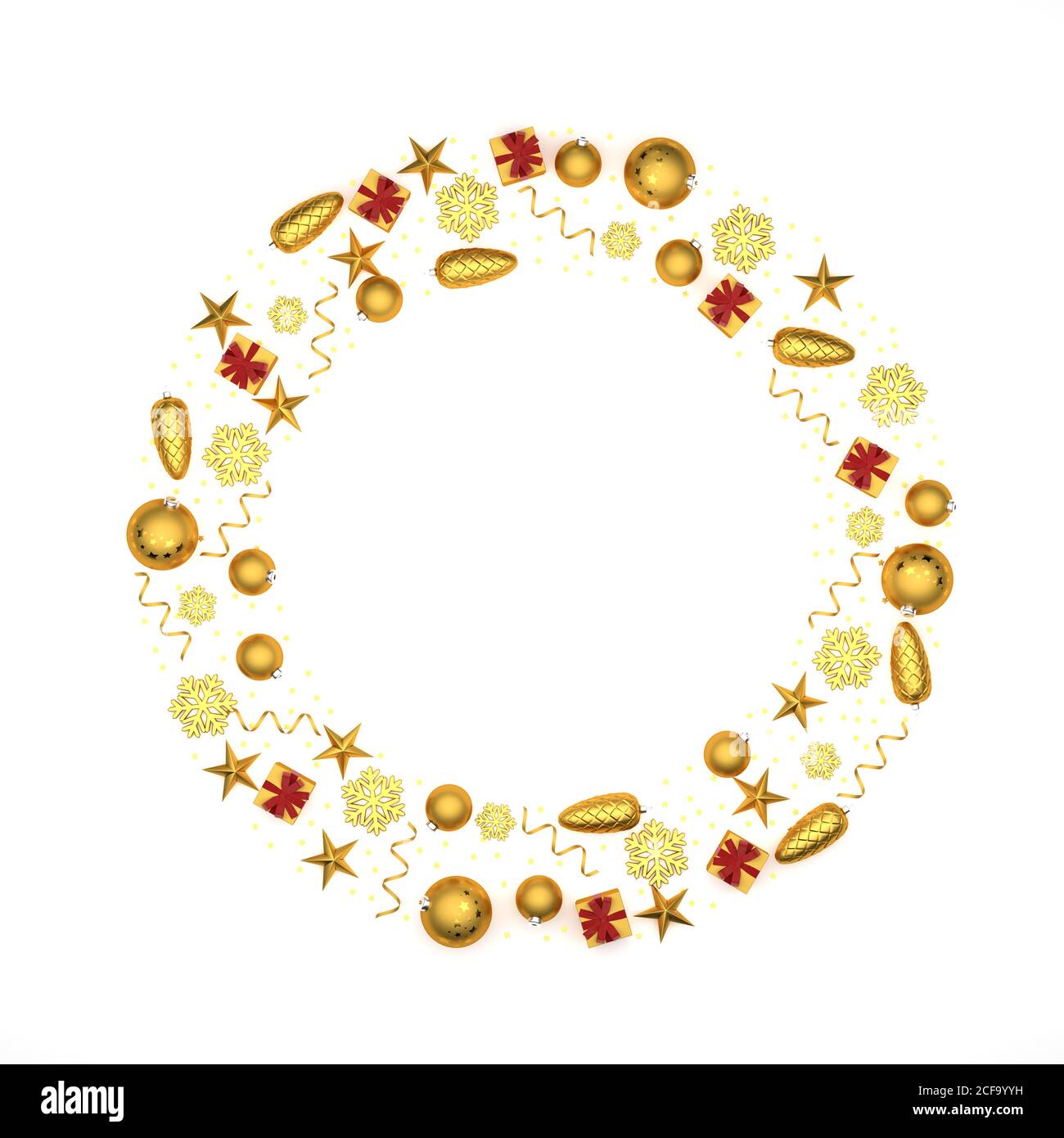 Flat lay golden christmas ornaments arranged as a circle on a white ...
