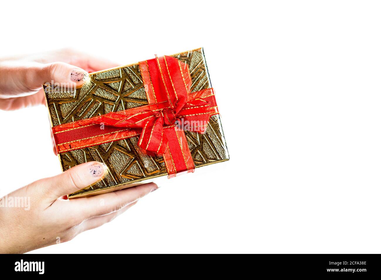 Hand showing holding giving or receiving gift present box isolated on ...