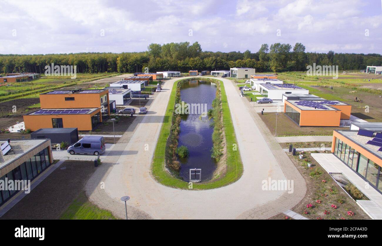 Aerial view on a street in Oosterwold in Almere. In this experimental ...