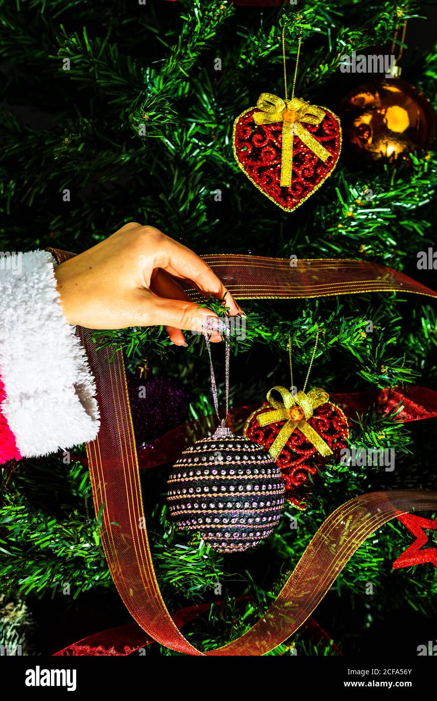 Decorating Christmas tree, hand putting Christmas decorations on fir ...