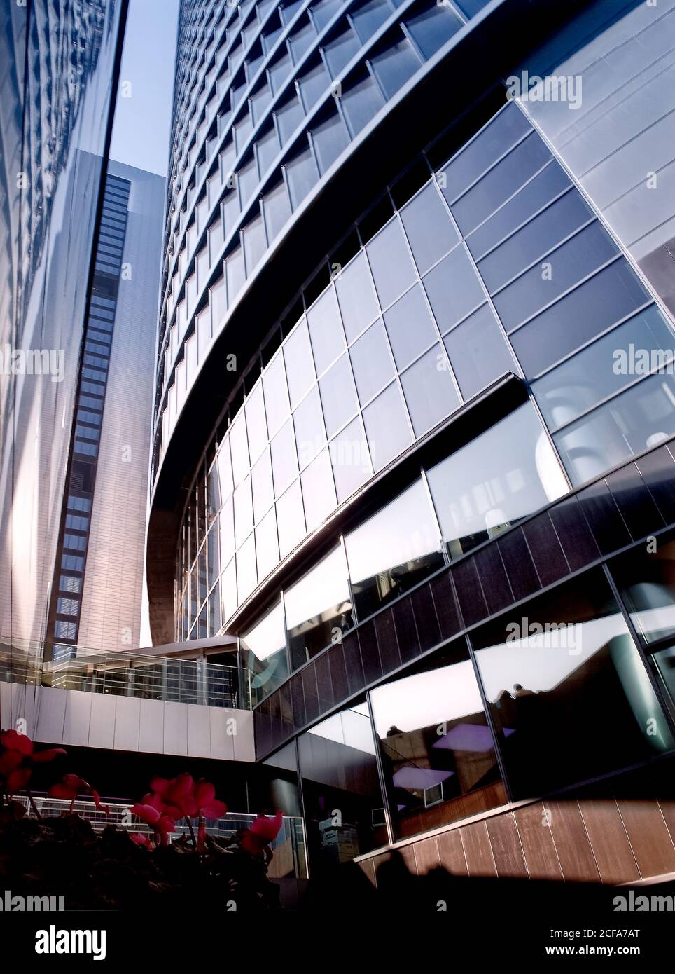 Perspective from below view of high rise towers with reflective glass ...