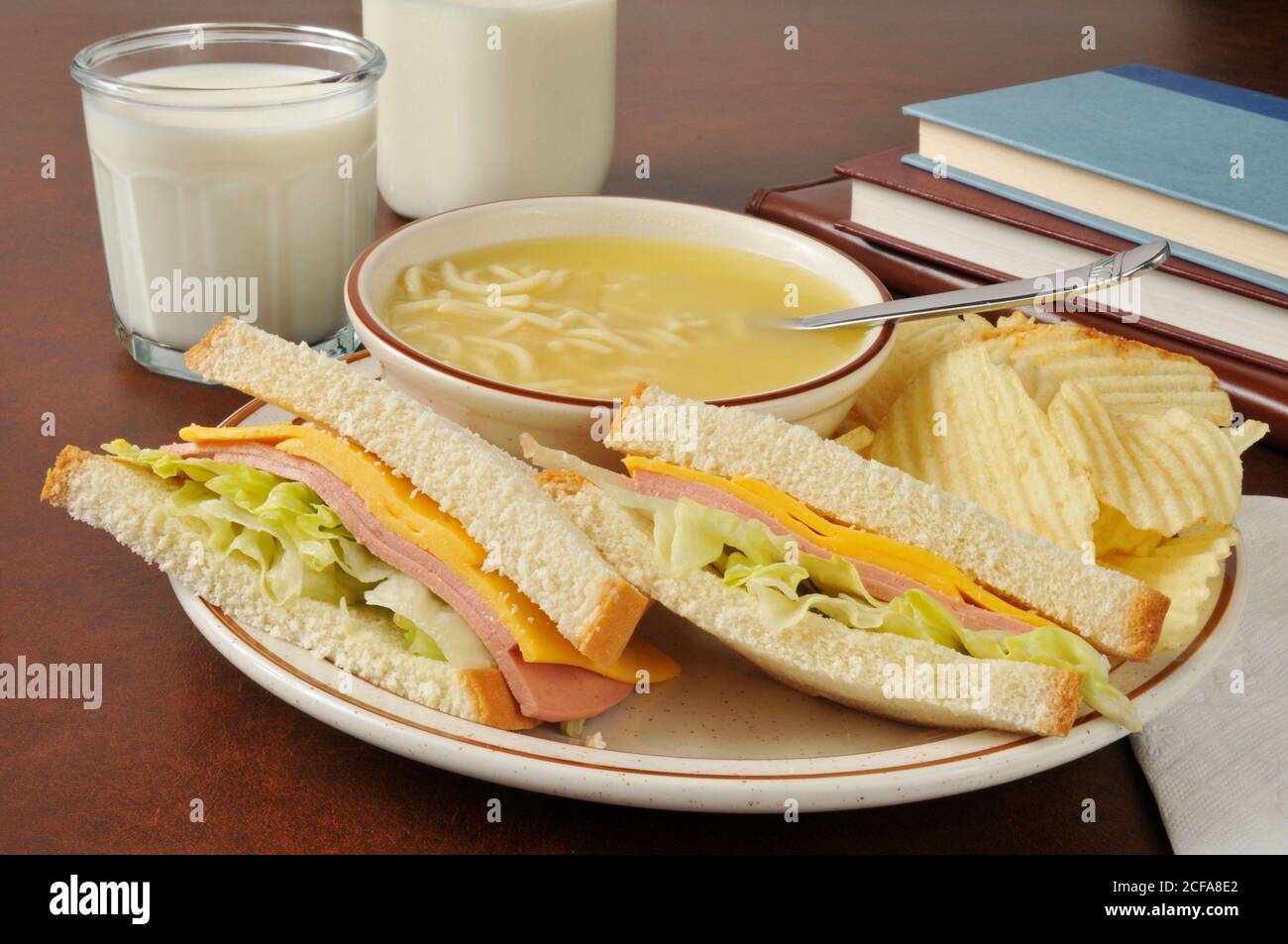 Chicken noodle soup with a baloney sandwich and potato chips with ...