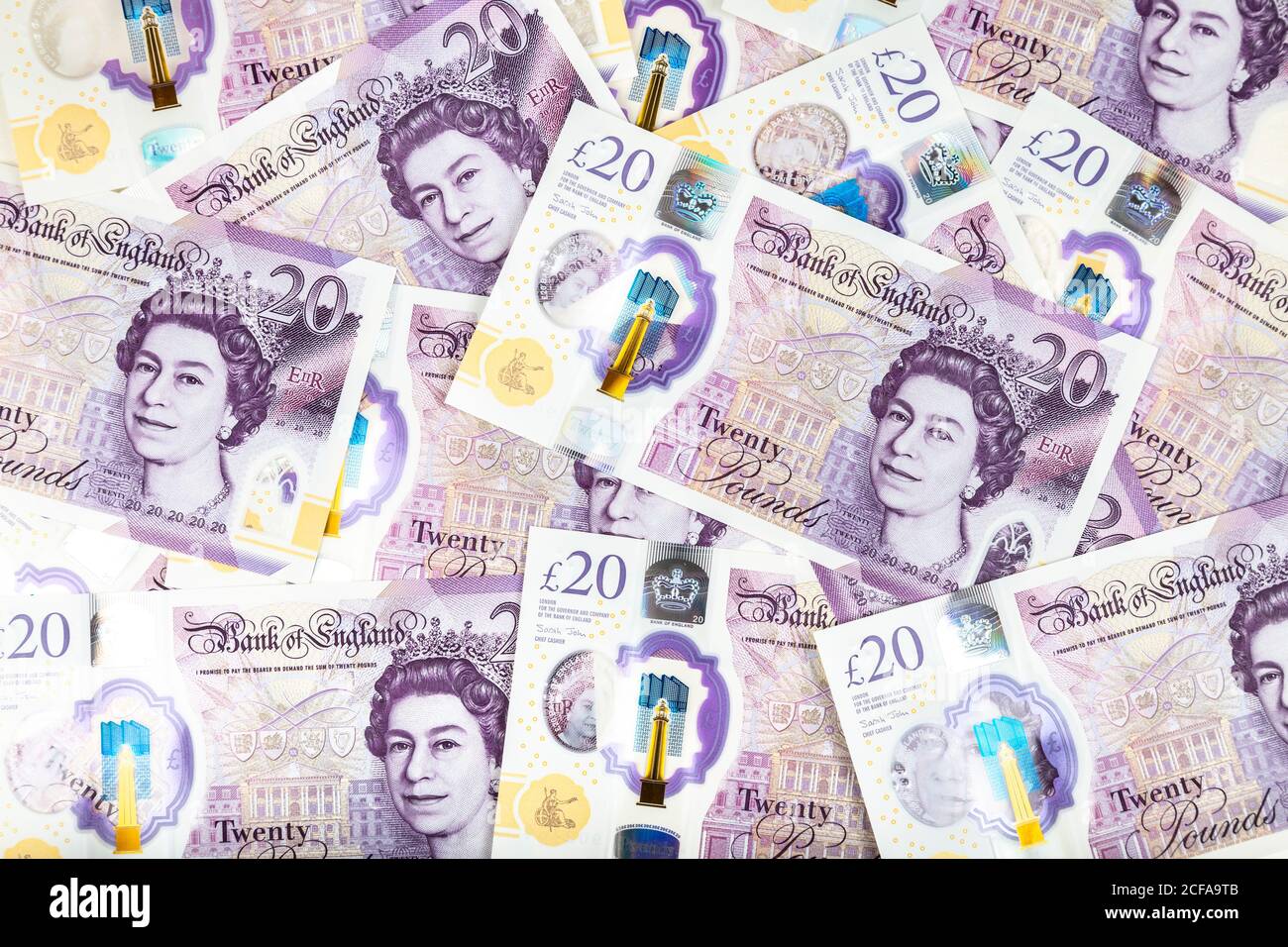 Scattered new 20 pound polymer notes with British monarch Queen ...