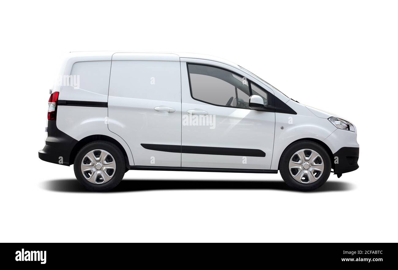 White small city van isolated on white background Stock Photo - Alamy