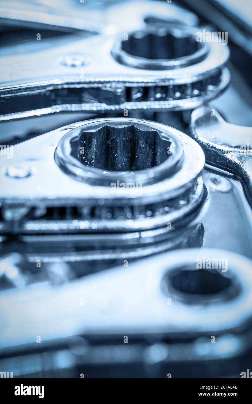 Mechanic and diy manual tools - Toned in blue Stock Photo - Alamy
