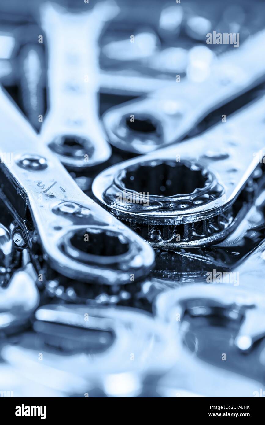 Mechanic and diy manual tools - Toned in blue Stock Photo - Alamy