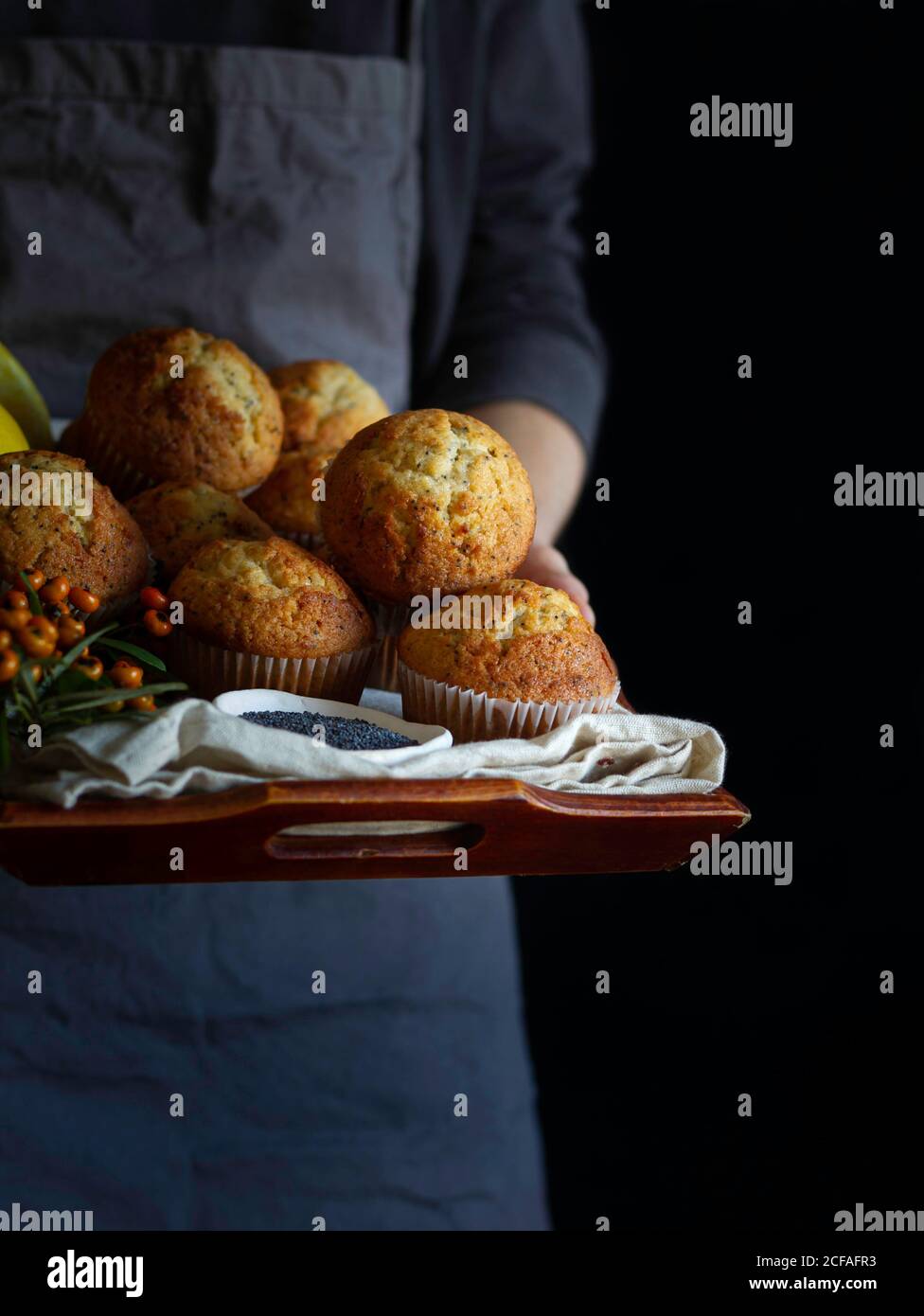 Crop person in dray apron with brown tray full of freshly baked muffins ...