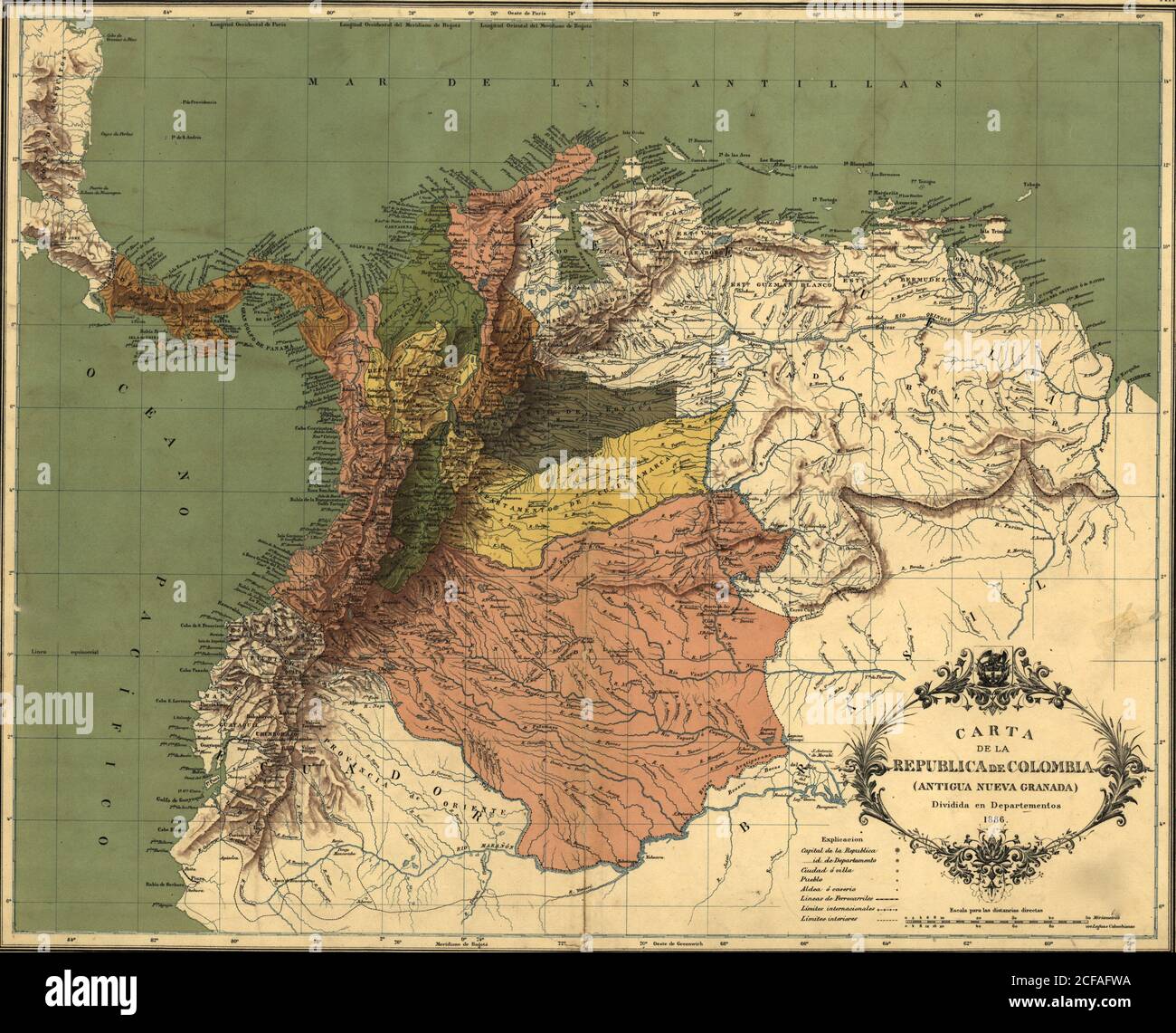 Map of the Republic of Colombia - 1886 Stock Photo - Alamy