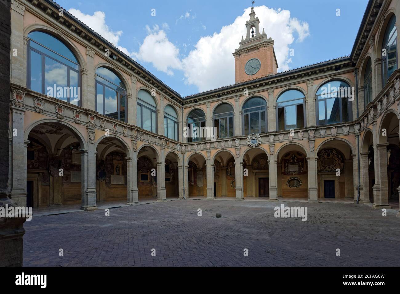 Inner court of Archiginnasio in Bologna, Italy. The building currently ...
