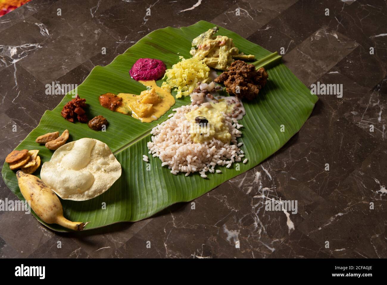 Kerala Special meals served on a plantain leaf specially on Onam, Vishu ...