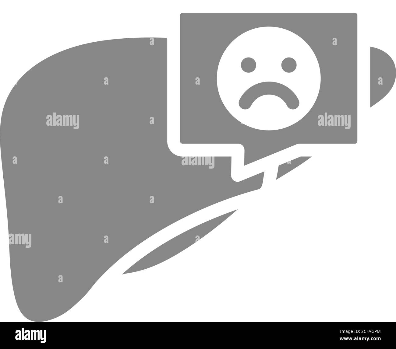 Liver with sad face in chat bubble gray icon. Diseased organ symbol ...