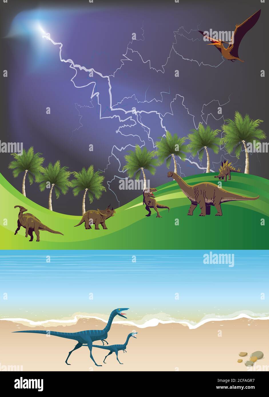 Jurassic dinosaur landscape with ocean and grass hills set against a ...