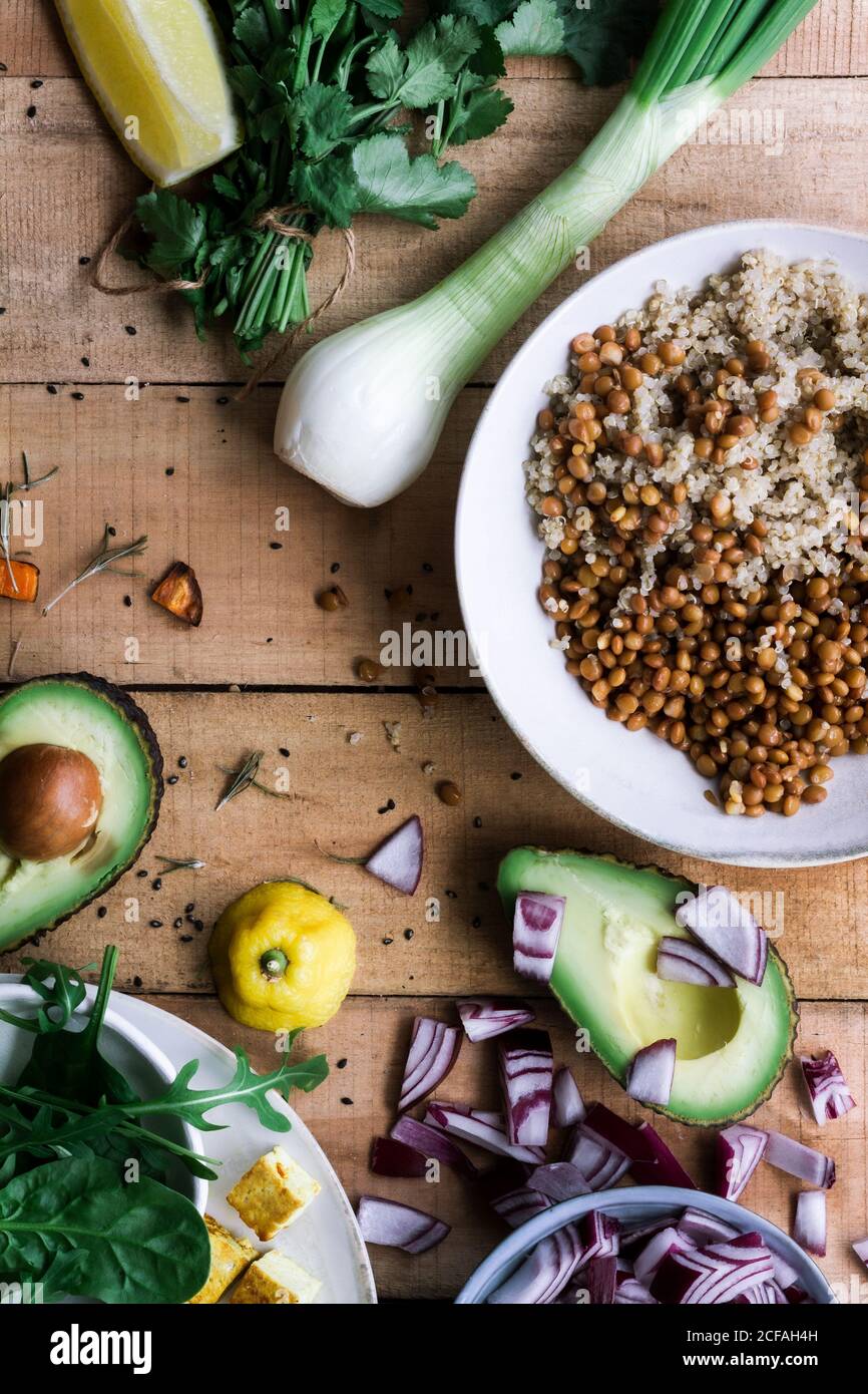 Different kind of vegetables and ingredients on rustic table Stock ...
