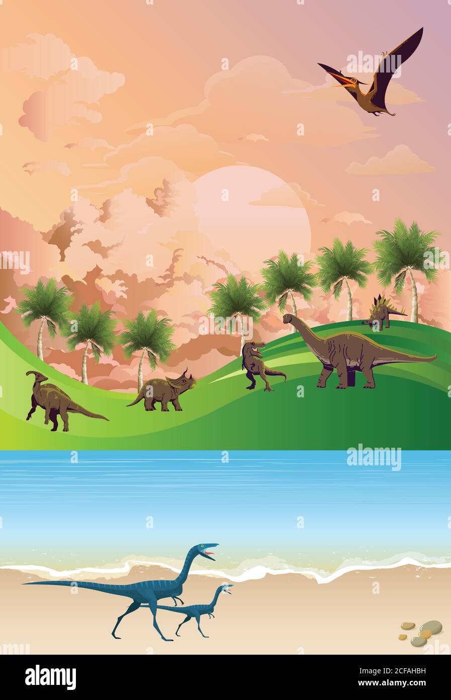 Jurassic dinosaur landscape with ocean and grass hills set against a ...