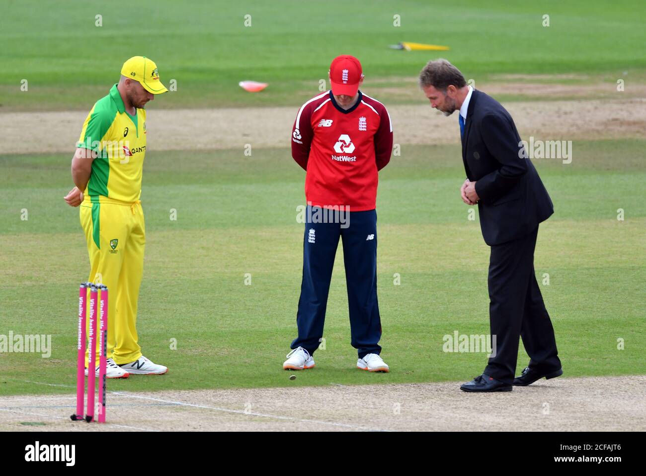 Australia's captain Aaron Finch (left) and England's captain Eoin Morgan take part in the coin ...