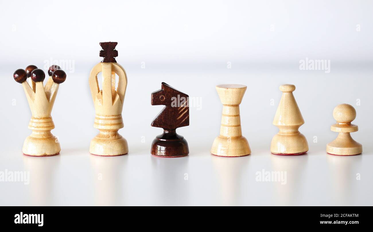All six chess pieces in a row on white background, black knight amid ...