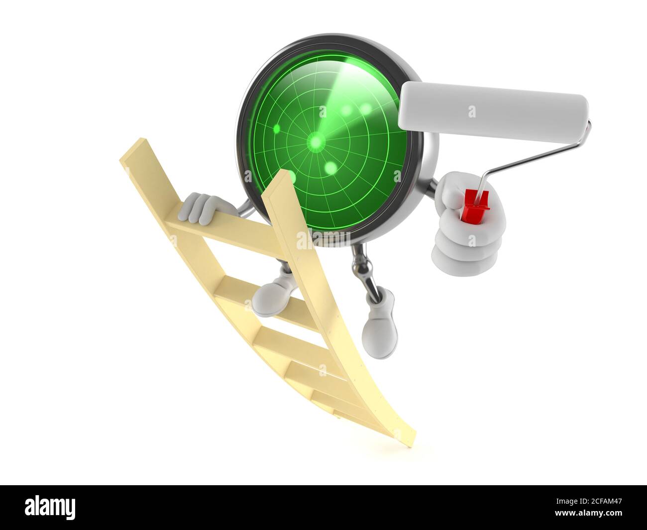 Radar character on ladder holding roller paint isolated on white ...