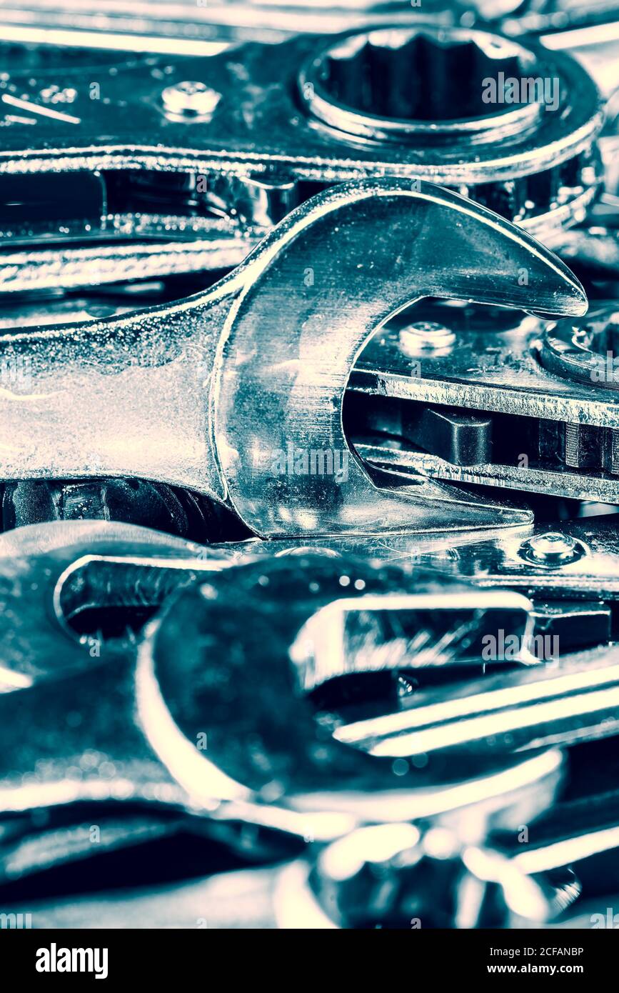 Set of mechanic and diy tools - Toned in blue Stock Photo - Alamy