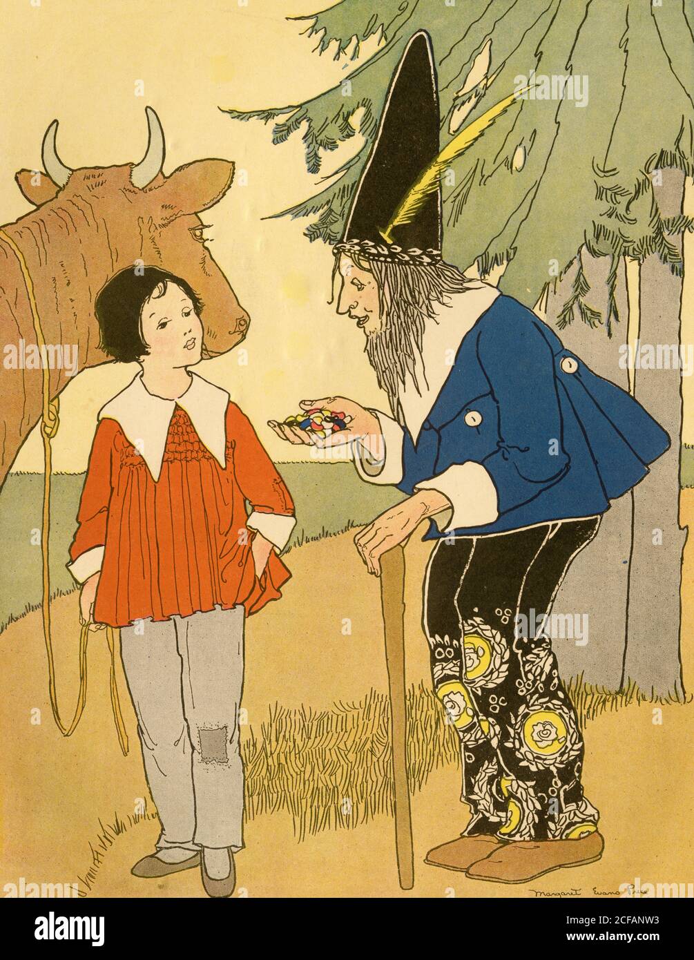 A child with a cow is greeted by a Wizard with Magic Beans Stock Photo ...