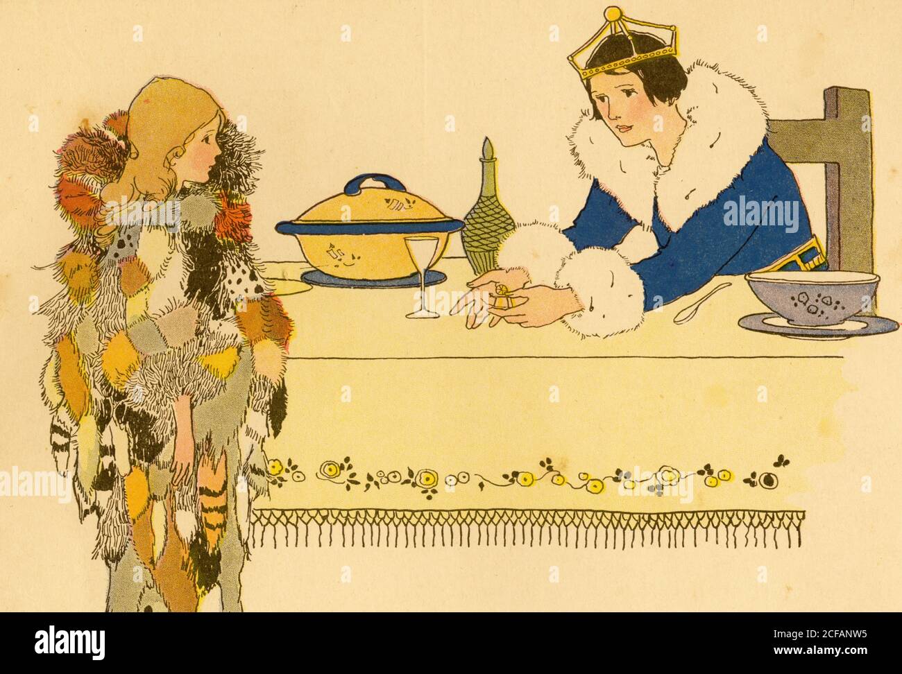 Princess at Table shows a Young Girl a Miniature Spinning wheel Stock ...