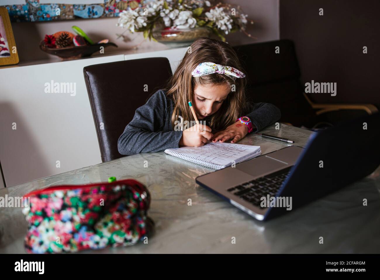 girl doing homework assignment from laptop Stock Photo - Alamy