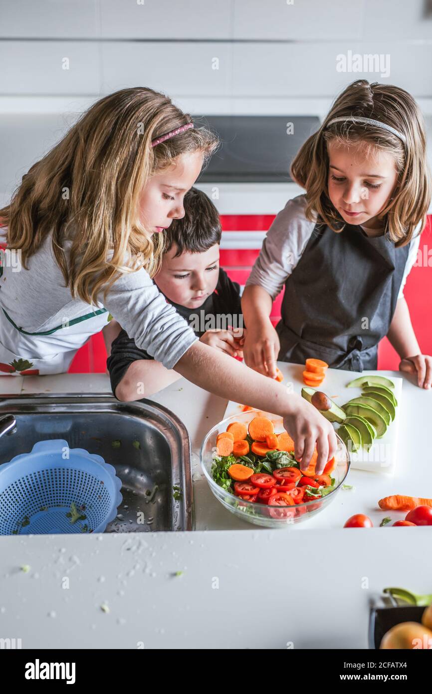 Little girls and boy cutting and peeling ripe vegetables while cooking healthy salad in kitchen ...