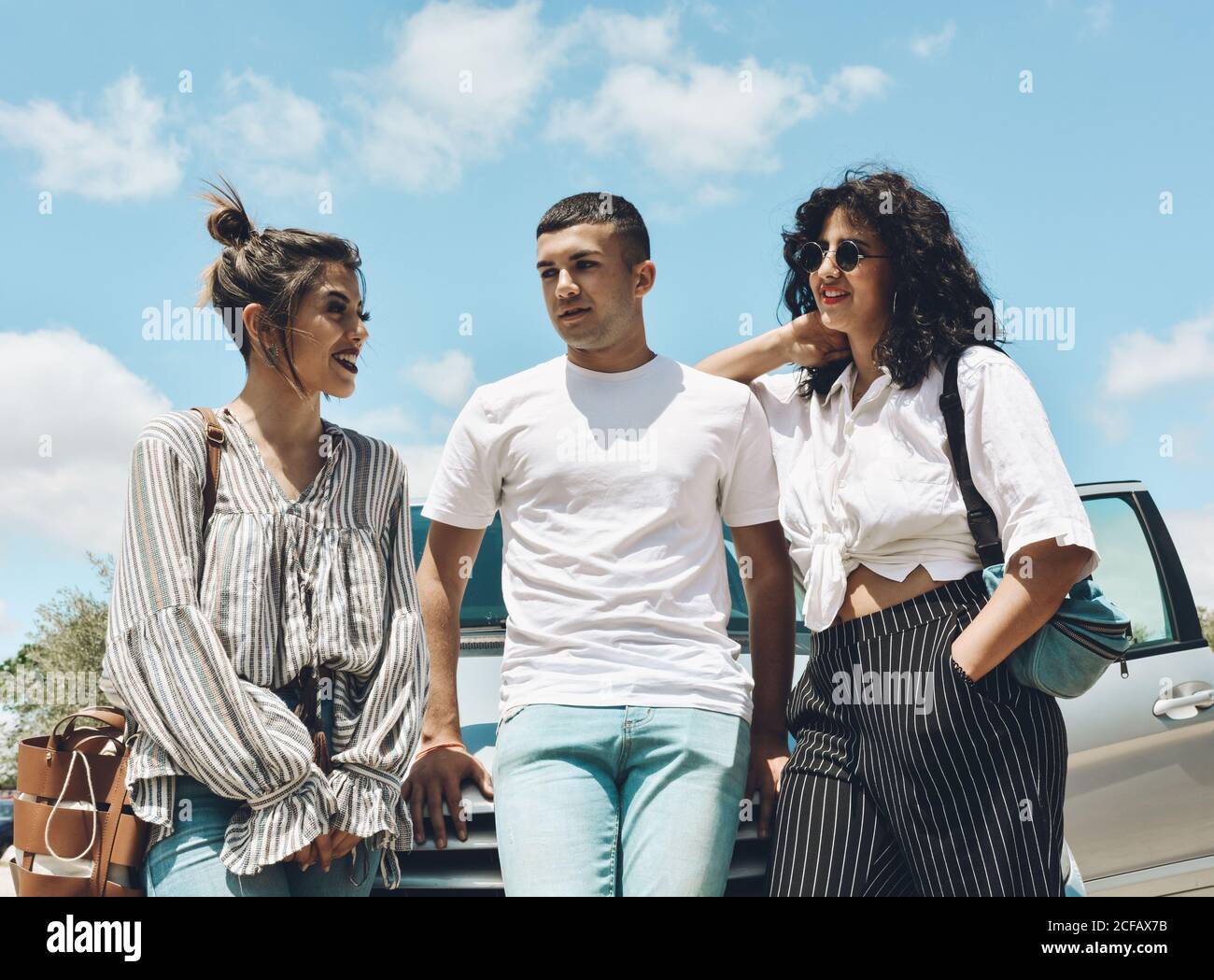 group of friends enjoying a conversation outside the car. They talk and ...