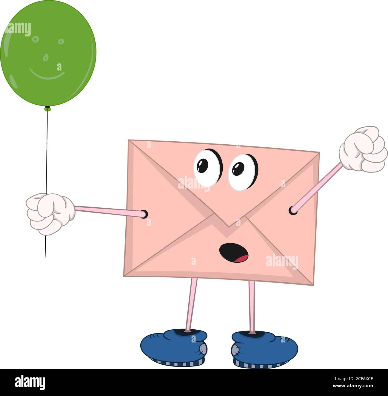 funny cartoon envelope with eyes, legs and hands holding a green ...