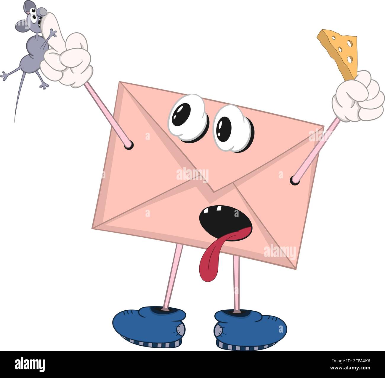 funny cartoon envelope with eyes, legs and hands holds cheese in one ...
