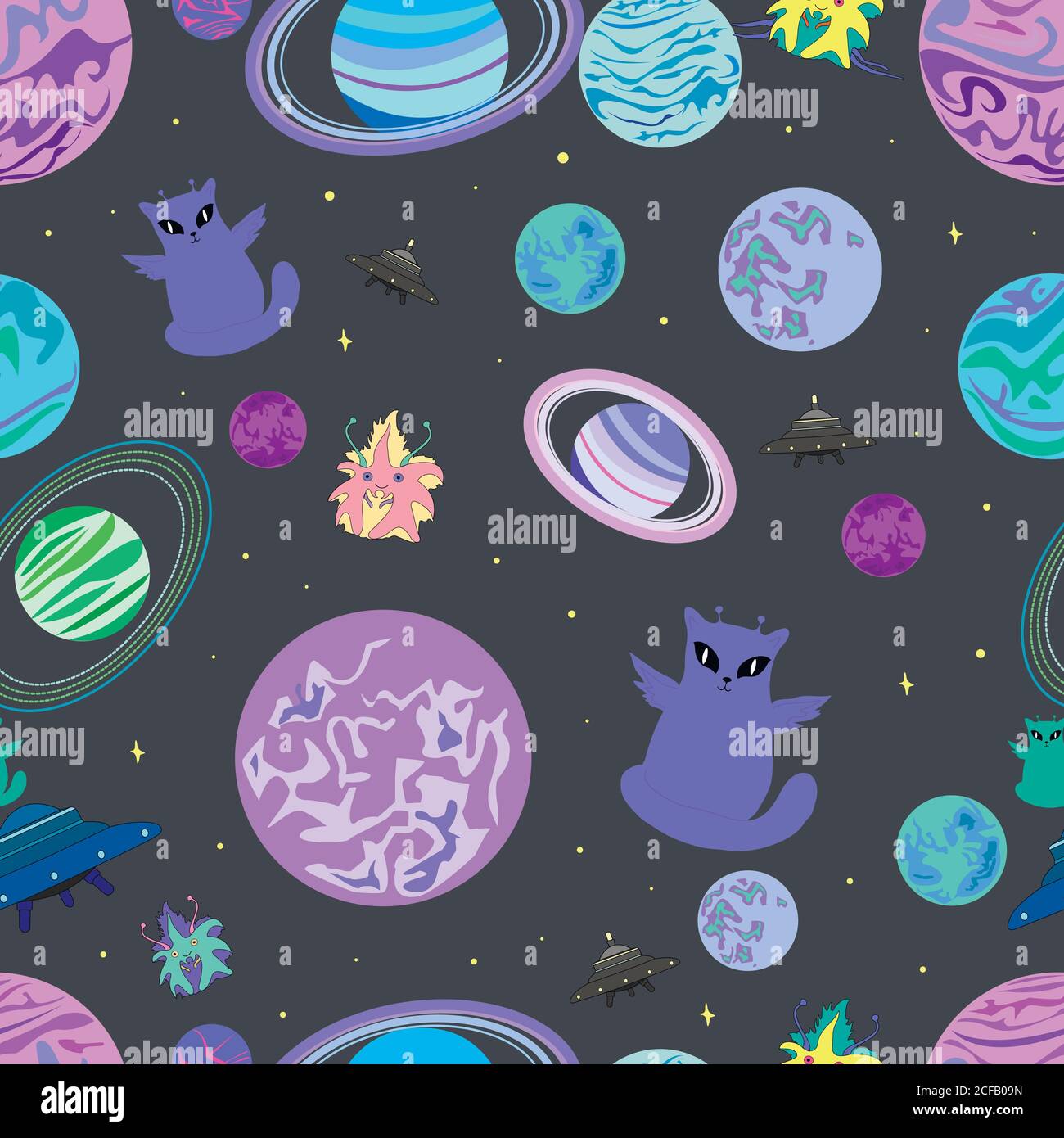 Vector illustration of a design, cheerful alien winged cat space Stock ...