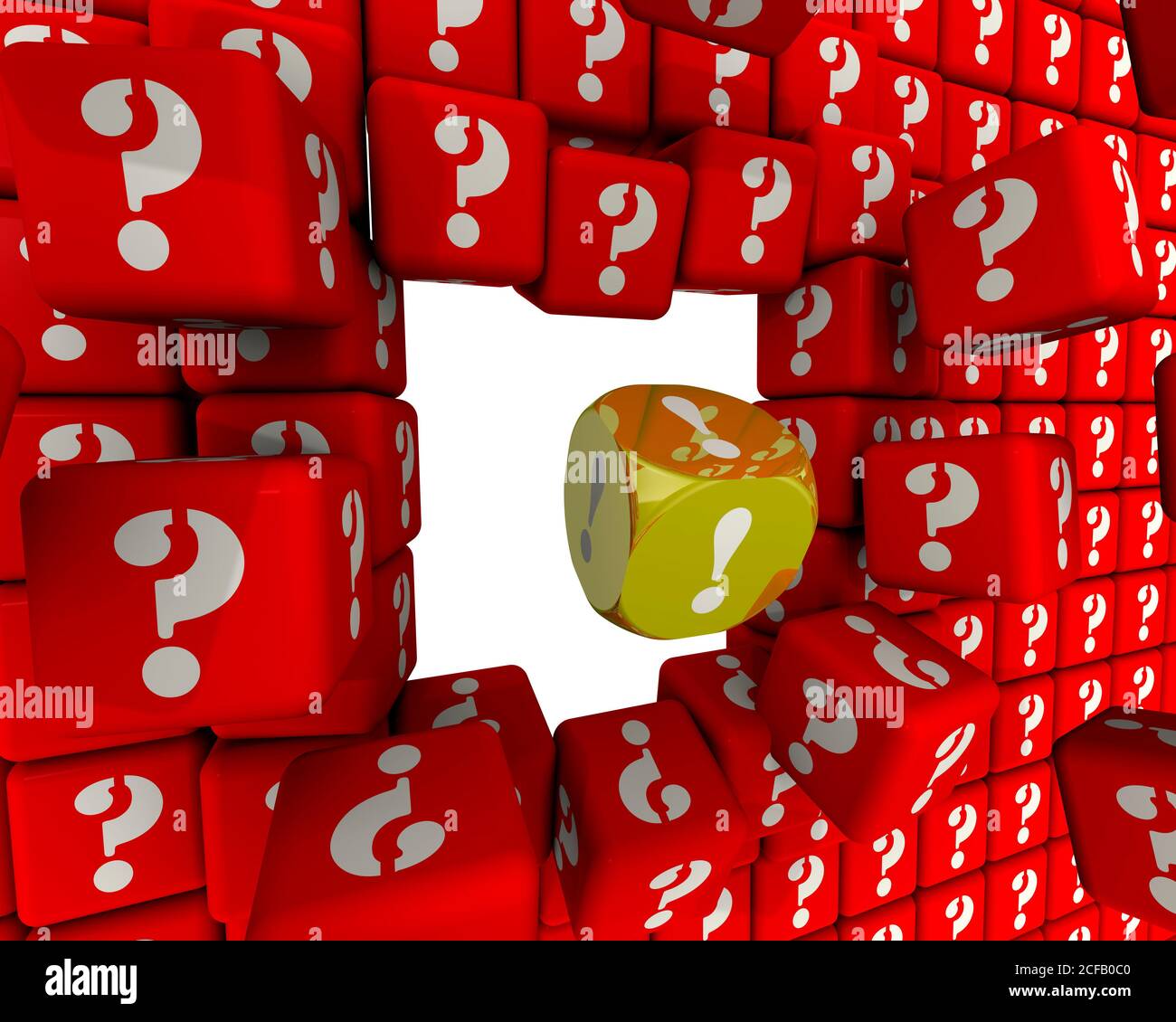 The answer to all questions. Golden cube with an exclamation mark ...