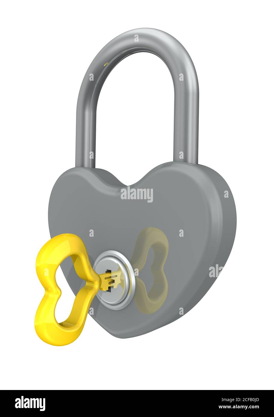 Closed gray padlock in the shape of heart with gold key. Isolated. 3D ...