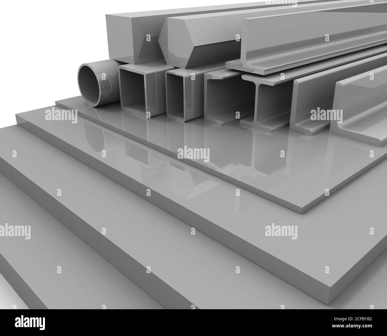 Rolled metal products. Varied metal products lies on a white surface ...