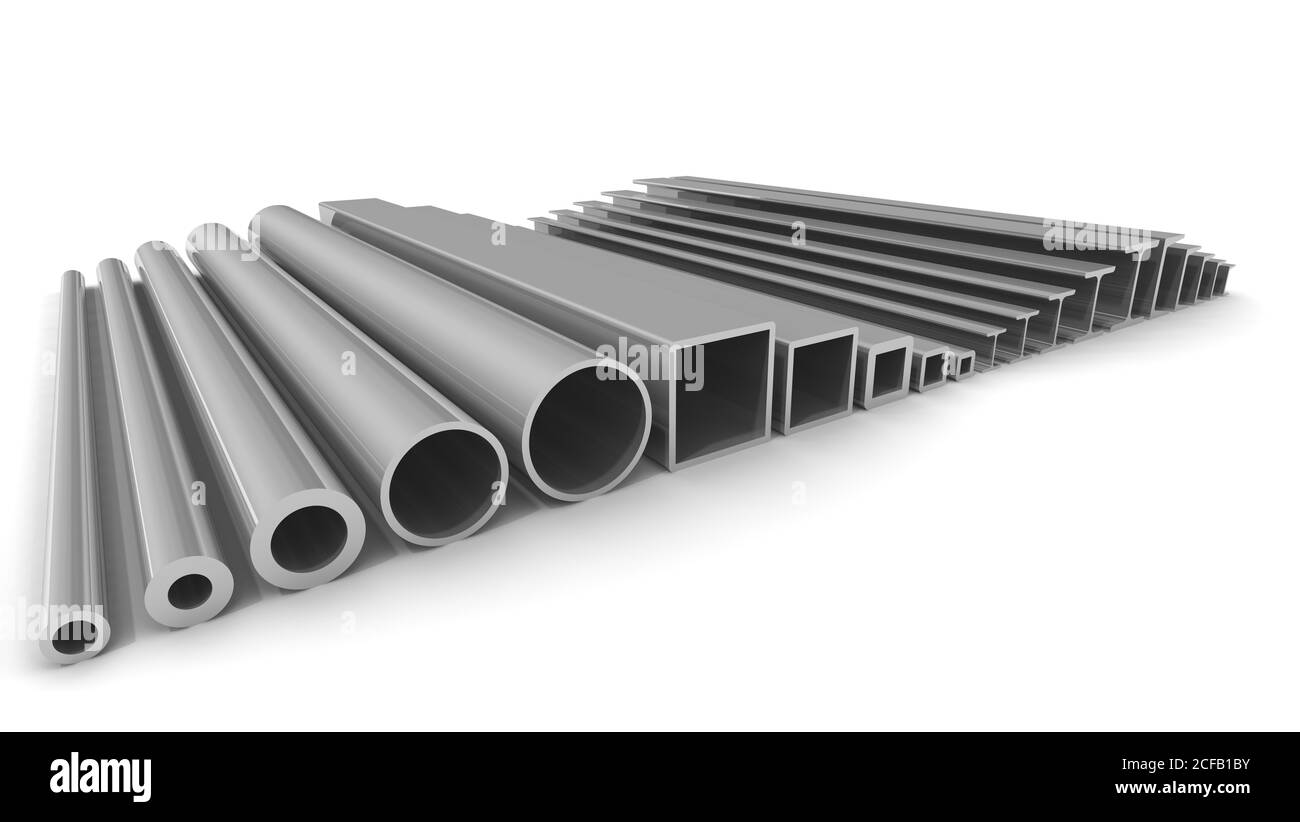 Rolled metal products. Varied metal products lies on a white surface ...
