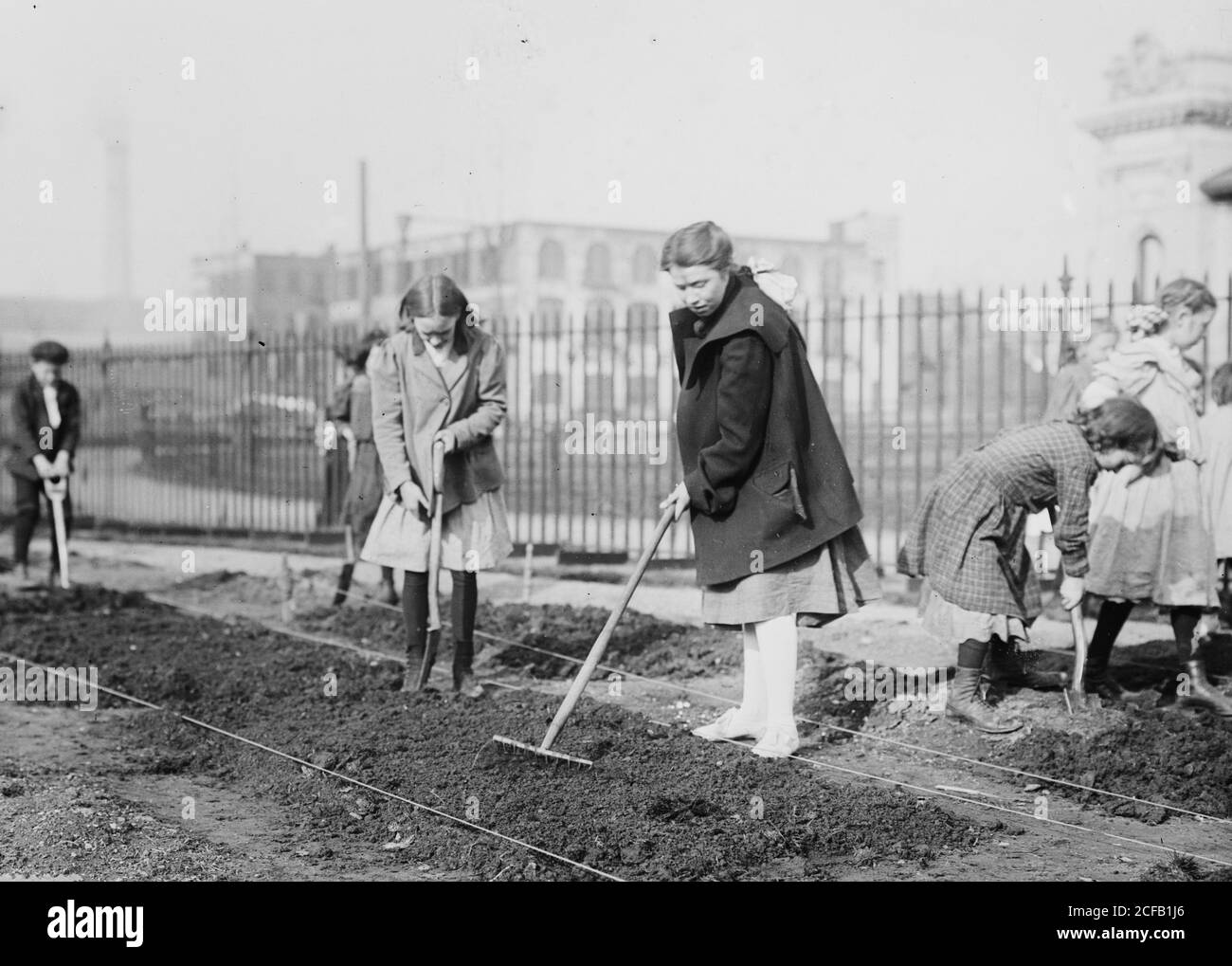School children outside digging, making garden Stock Photo - Alamy