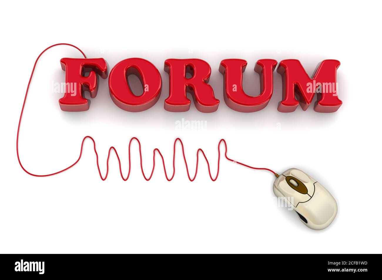 Internet forum. Red word FORUM and WWW connected to computer mouse on ...