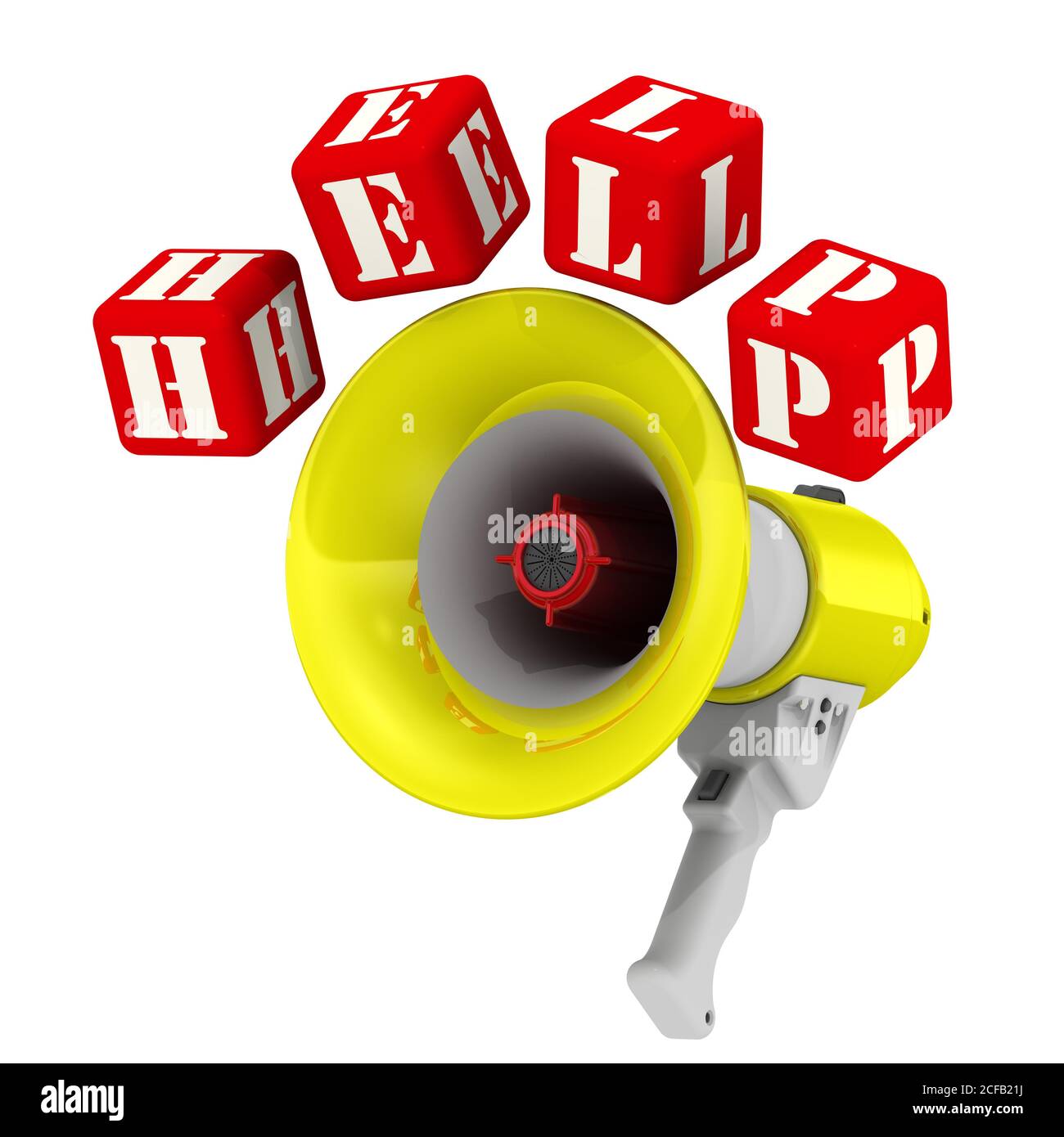 Word HELP around the megaphone. The word HELP, composed from red cubes ...