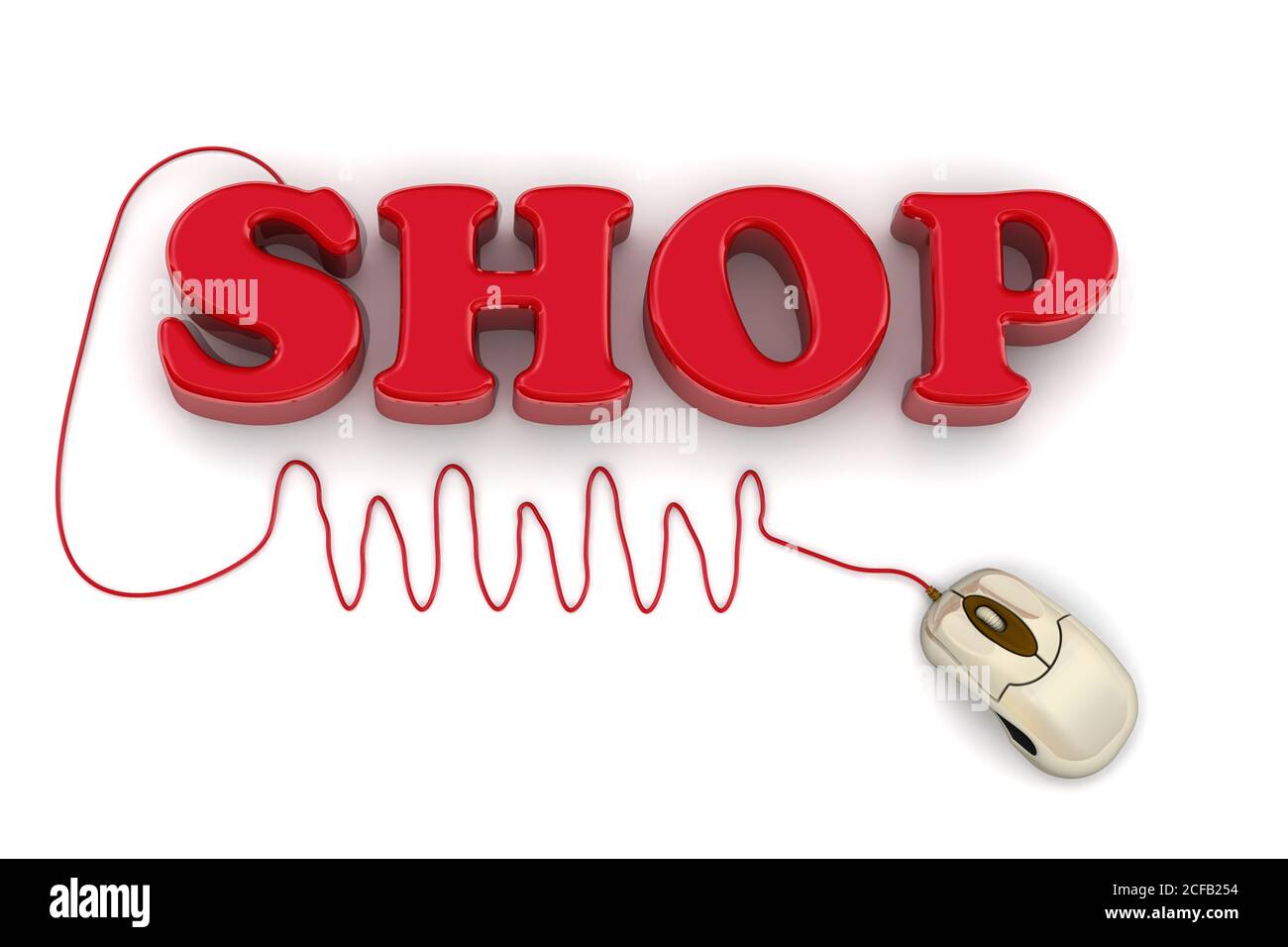 The word shop with computer mouse - online shop. Red SHOP text and WWW ...