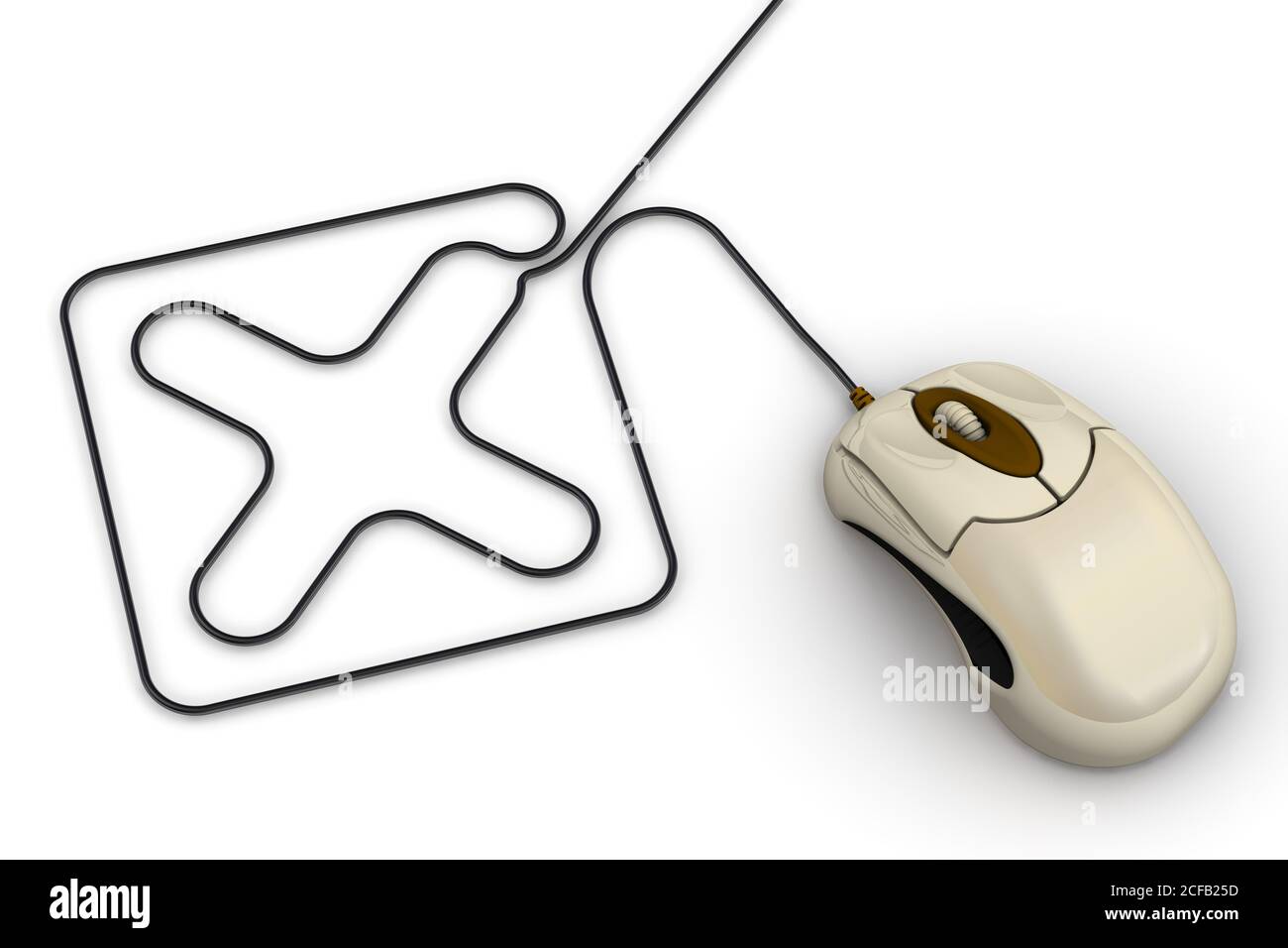 Computer mouse and the sign "X" from the wire on a white surface. 3D ...