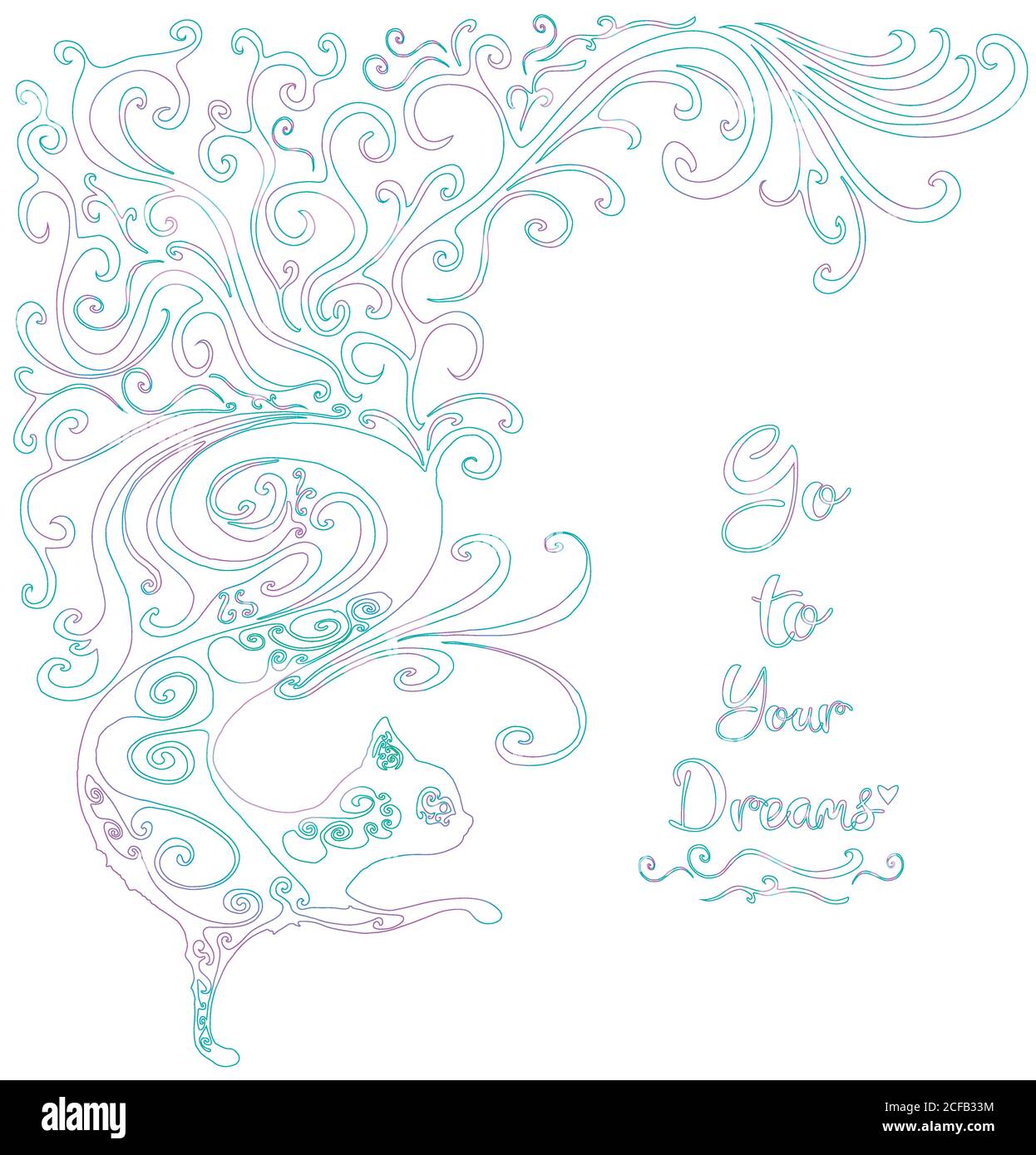 Fairy, magic, cartoon cat, pink turquoise contour, isolated Stock ...