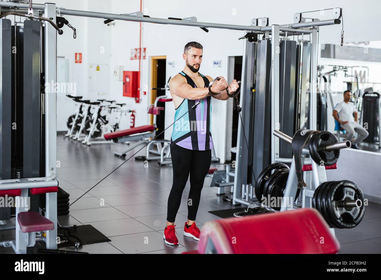 Powerful male bodybuilder in sportswear performing exercise with cable ...