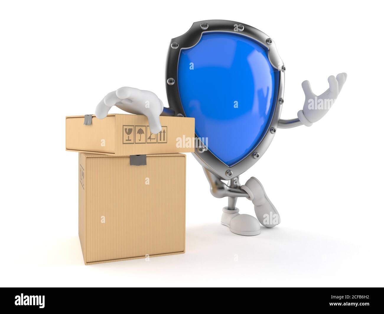 Shield character with stack of boxes isolated on white background Stock ...