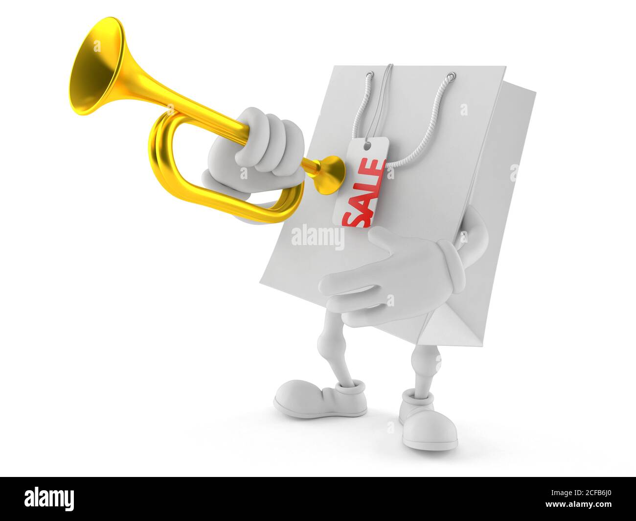 Shopping bag character playing the trumpet isolated on white background ...